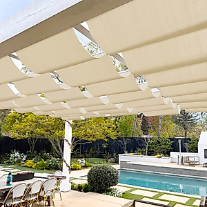 TANG 4' X 12' Retractable Pergola Shade Cover Replacement Shade Covers for Deck Porch Patio Permeable Wave Shade Sail Removable with Hardware Wire Cable(Beige)