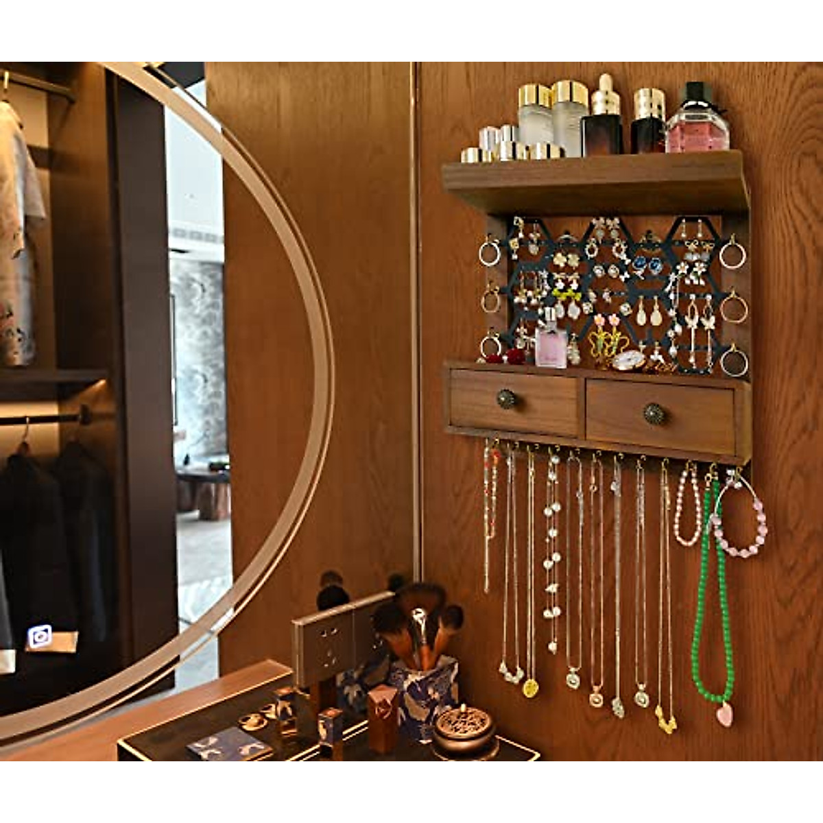 Wall Mounted Hanging Jewelry Organizer with 2 Big Storage Wooden Drawers + Honeycomb Earring Holder. Jewelry Stand with 2-layer Shelves +18 Necklace Hooks Display Bracelet, Ear Studs, Ring. Girl Gift