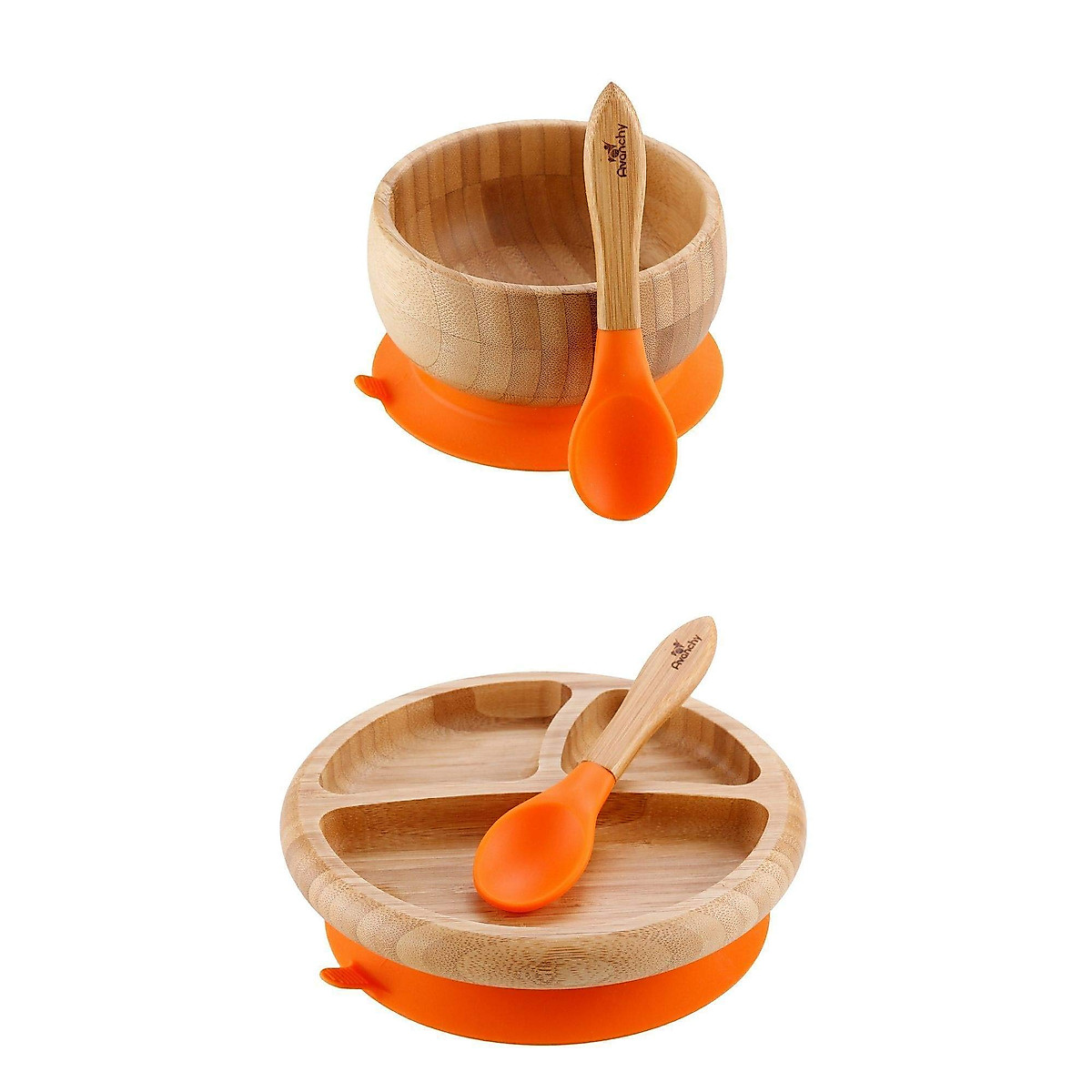 Avanchy Bamboo Baby Bowl + Baby Plate + 2 First Stage Spoons. Removable Suction Bottoms.