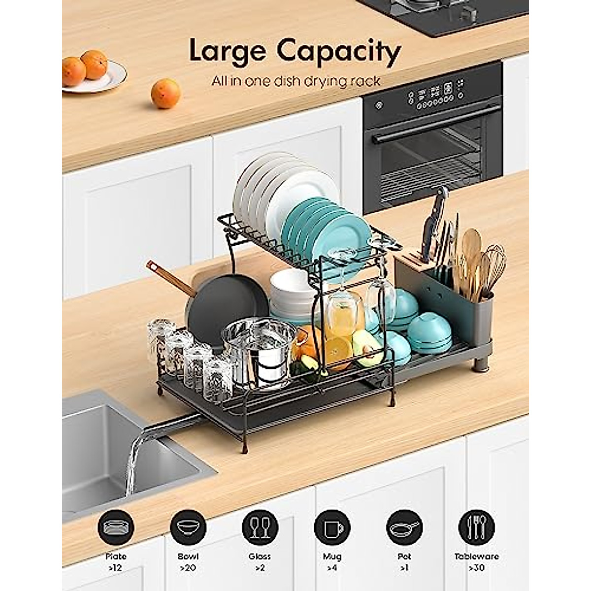 ACMETOP Dish Drying Rack, Expandable 2 Tier Large Dish Rack for Kitchen Counter, Rustproof Dish Dryer Rack with Drainboard, Cutlery & Cup Holders, Dish Drainer for Dishes, Knives, Spoon, Black