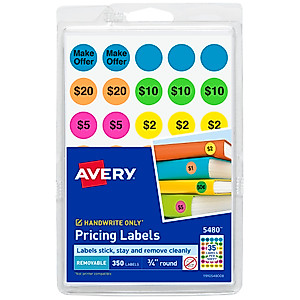 Avery Preprinted Removable Garage Sale Labels, 0.75 Inches, Round, Pack of 350 (5480),Assorted Neon