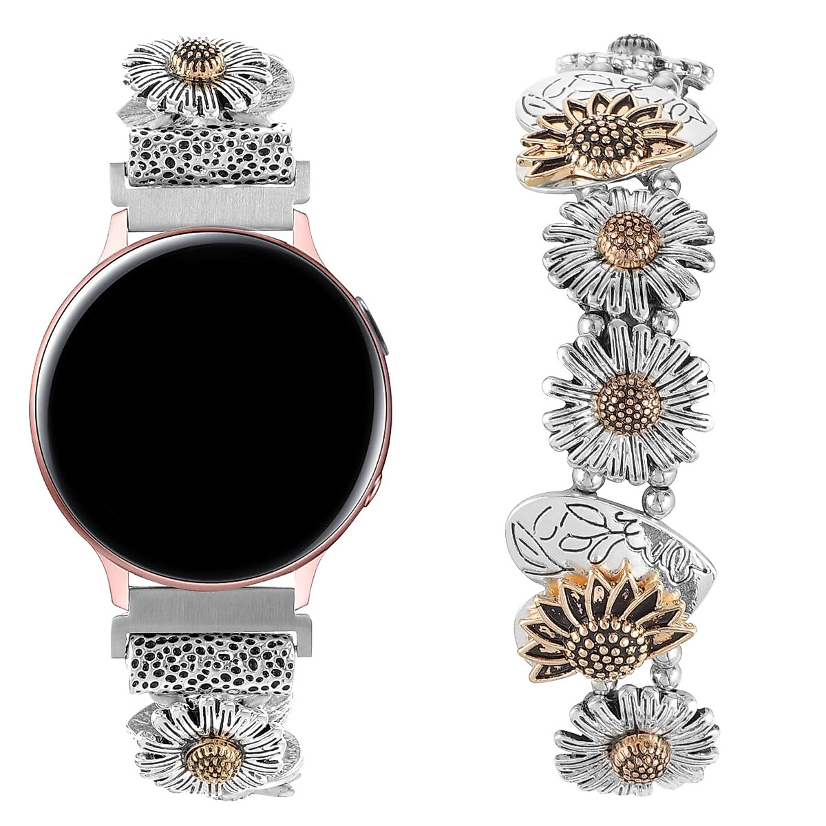 Stretchy Metal Bracelet Bands Compatible with Samsung Galaxy Watch Active 2 bands 40mm 44mm/Active 40mm/Galaxy Watch 3 41mm/42mm/Gear S2/Galaxy Watch 5 4 20mm Women Fancy Elastic Sunflower Strap (Medium, Silver Gold Flower)