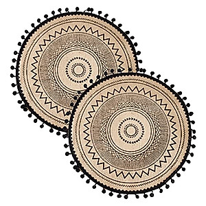 2 Pcs Boho Round Place Mats with Pompom Woven Jute Placemats Rustic Macrame Coasters for Dining Room Kitchen Table Decor Style 6