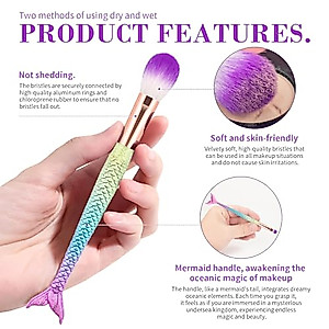 Makeup Brush Set 11pcs, Premium Synthetic Mermaid Make Up Brushes for Blush Highlight Concealer Fan Cute Cosmetic Brushes Collection