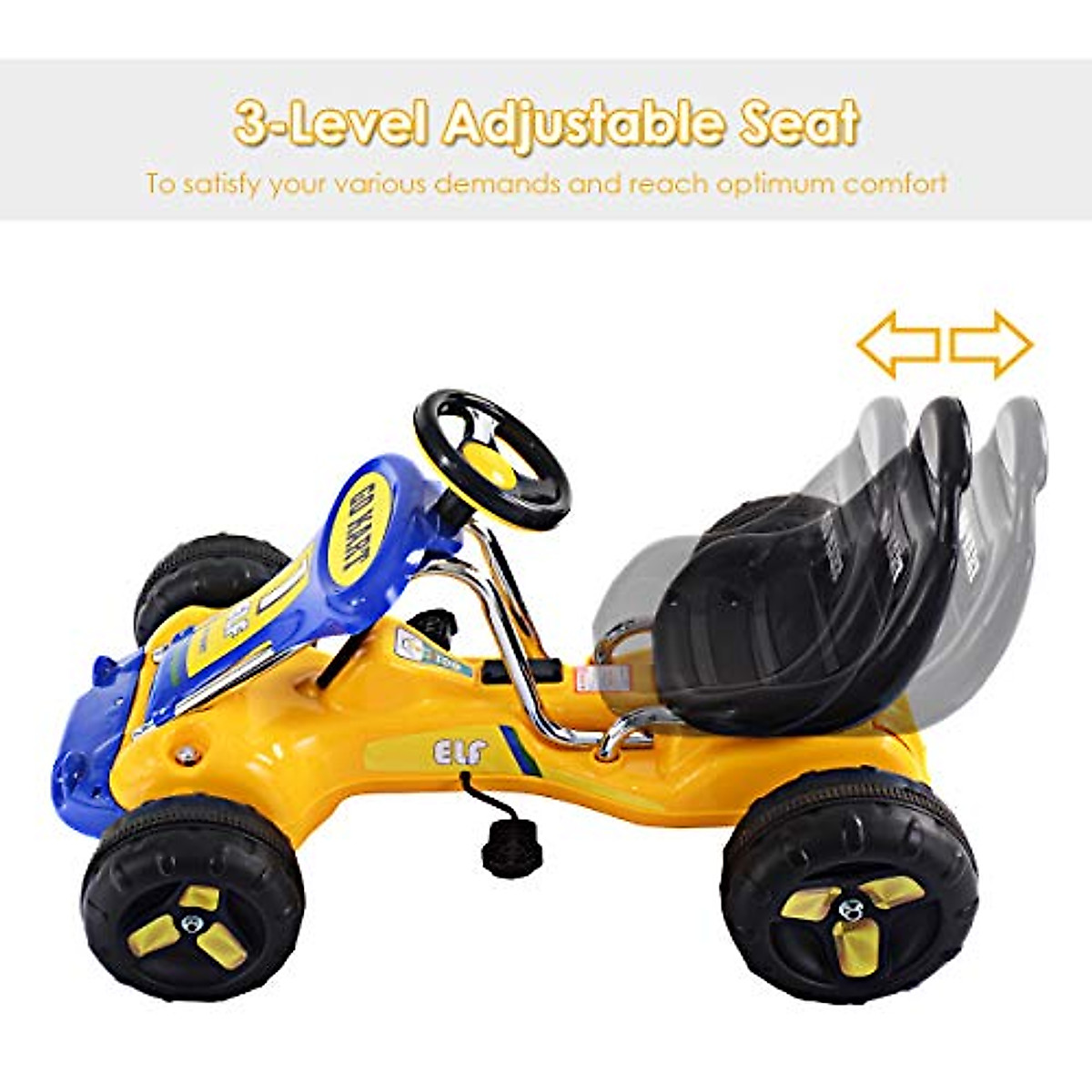 Costzon Kids Pedal Go Kart, 4 Wheel Ride on Car, Pedal Powered Ride on Toys for Boys & Girls with Adjustable Seat, Pedal Cart for Kids 37"× 24.8"× 20.1" (Yellow)