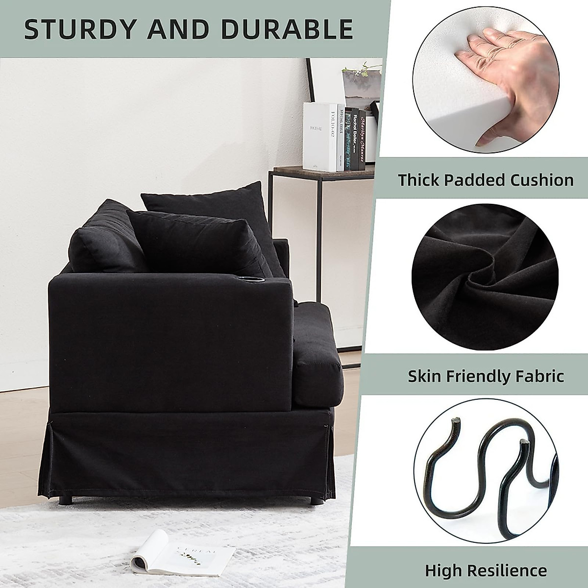 ASAHREE 47'' Mid Century Oversized Reading Armchair, Corduroy 2 Seater Upholstered Sofa Loveseat with 2 Cup Holder, Comfy Modern Accent Chair for Bedroom, Living Room, Black