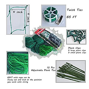 Trellis Netting Kit for Climbing Plants, Heavy Duty Durable Garden Trellis Netting for Vines Cucumbers Grape, 65' Twist Ties &18 Pcs Plant Clips &12 Pcs Adjustable Plant Ties (6.5x16.5Ft, 4" Mesh)