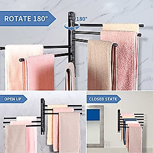 Swivel Towel Rack, Towel Bar with Wall Mounted 180° Rotation, 6-Arms Towel Hanger for SUS 304 Stainless Steel, Space Saving for Kitchen/ Bathroom, Matte Black