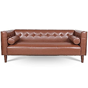 76'' Leather Chesterfield Sofa, Upholstered Tufted Modern Couch with 2 Pillows, Nailhead and Solid Wood Armrest Side Board, 3 Seater Sofa with Wooden Legs for Living Room, Bedroom, Office (Brown)
