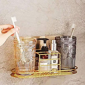 Iridescent Embossed Drinking Glass Gold Rim Water Glass Baroque Clear Crystal Unleaded Wine Milk Juice Coffee Glass,11.7oz,Makeup Brush/Pen/Pencil/Toothbrush Holder (Large)