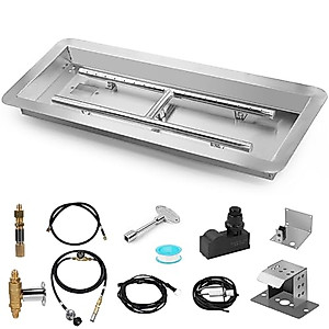 24" x 8" Drop-in Fire Pit Pan, Rectangular Stainless Steel Natural & Propane Gas Firepit Insert Kit with H-Burner, Spark Ignition and Propane Hose Kit for Indoor & Outdoor, Rated for up to 120,000 BTU