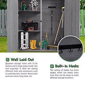 SumKea 56" Outdoor Wood Storage Cabinet, Fir Storage Shed, Outdoor Storage Shed with Metal Latch, Removable Shelves and Asphalt Roof, Suitable for Backyard, Lawn, Garden, Grey