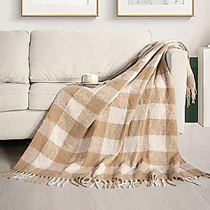 Carriediosa Buffalo Beige Throw Blankets with Tassel, Plaid Lightweight Soft Cozy Blanket for Couch Bed Sofa Chair, Woven Checkered Farmhouse Blankets (Beige Plaid 50" x 60")