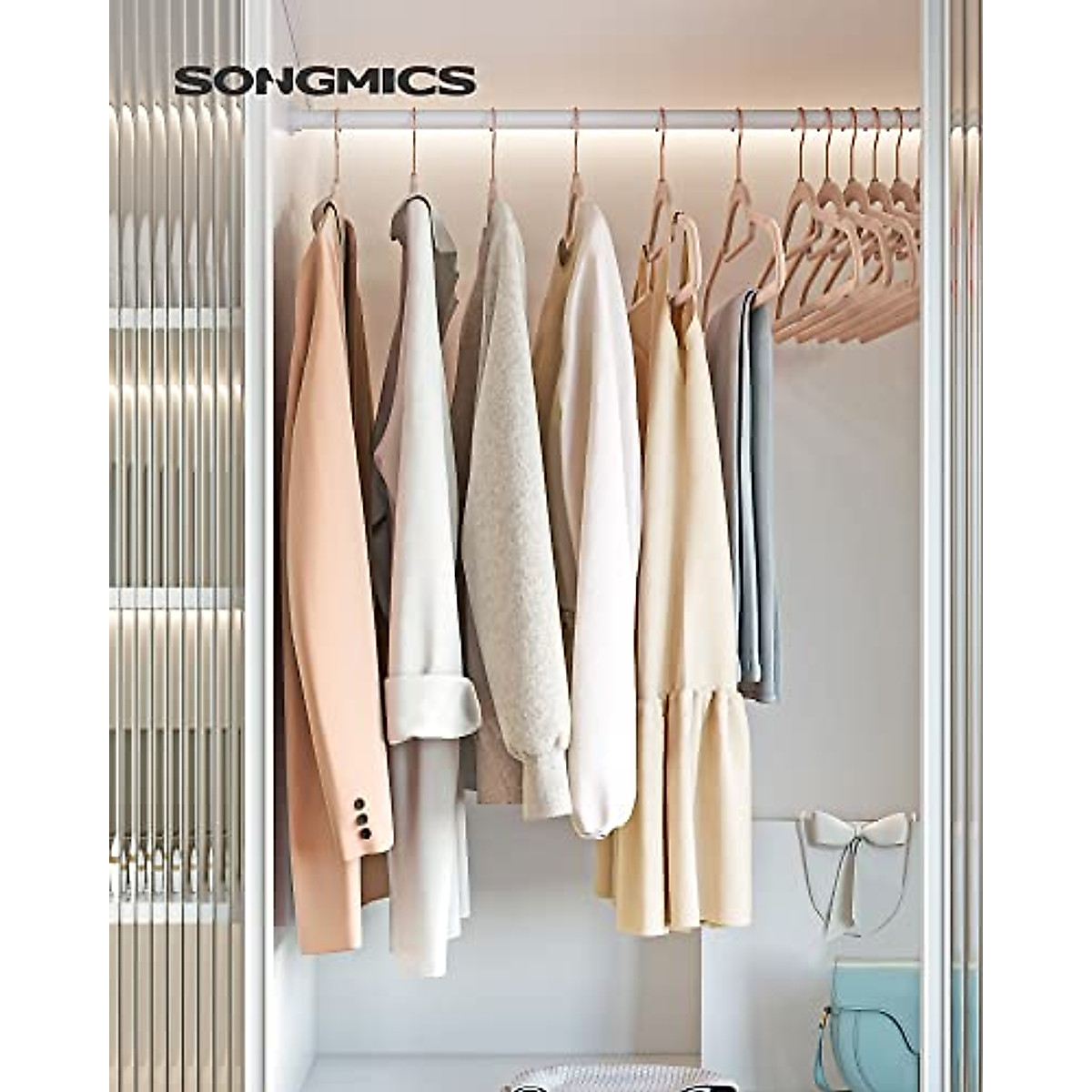 SONGMICS 30-Pack Pants Hangers and 50-Pack Clothes Hanger Bundle, Velvet Hangers with Adjustable Clips, Non-Slip, and Space-Saving, Pale Green and Pale Brown UCRF012GR30 and UCRF021LB50