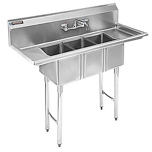 Stainless Steel Kitchen Sink with Faucet - DuraSteel 3 Compartment Commercial Sink w/Double Drainboards - Triple 10" x 14" x 10" Bowl Size - for Restaurant, Laundry, Garage & Backyard - NSF Certified