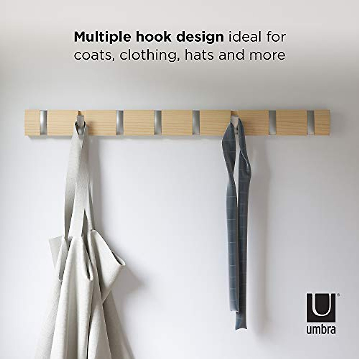 Umbra Flip Wall-Mounted Coat Rack Rail Hook for Hats, Jackets, Bags and More – Modern, Space-Saving Storage Organizer for Entryway, Mudroom, Closet, Bathroom, Bedroom, Kids Room, or Nursery, 8 Hooks, Natural/Nickel