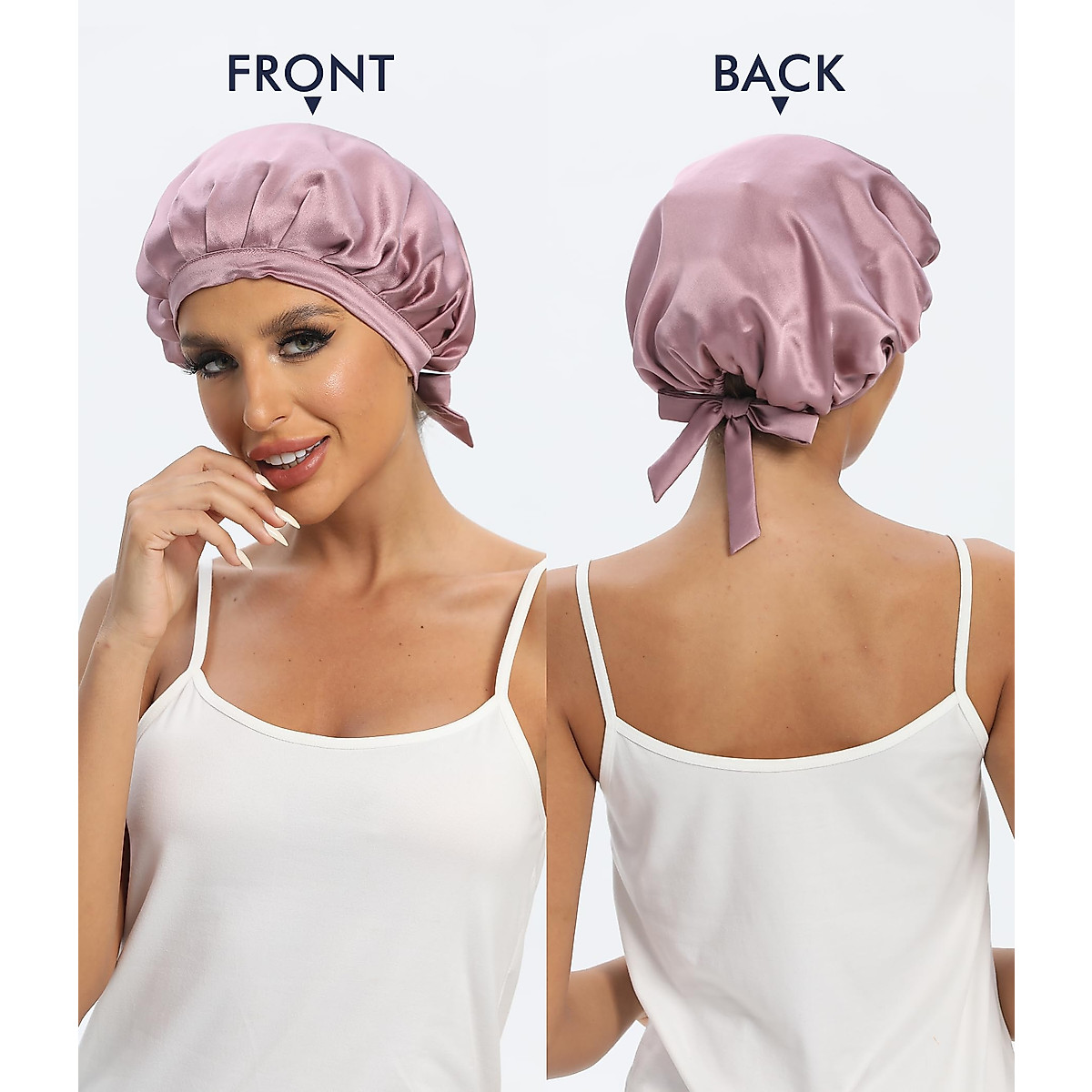 Cocheng 100% Mulberry Silk Bonnet Double-Sided Silk Sleep Cap With Adjustable Ribbon 19 Momme Silk Bonnet for Sleeping (Bean Pink)