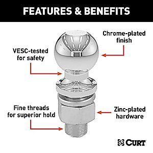 CURT 40069 Chrome Trailer Hitch Ball, 10,000 lbs, 2-Inch Diameter, 1-1/4 x 2-5/8-Inch Shank