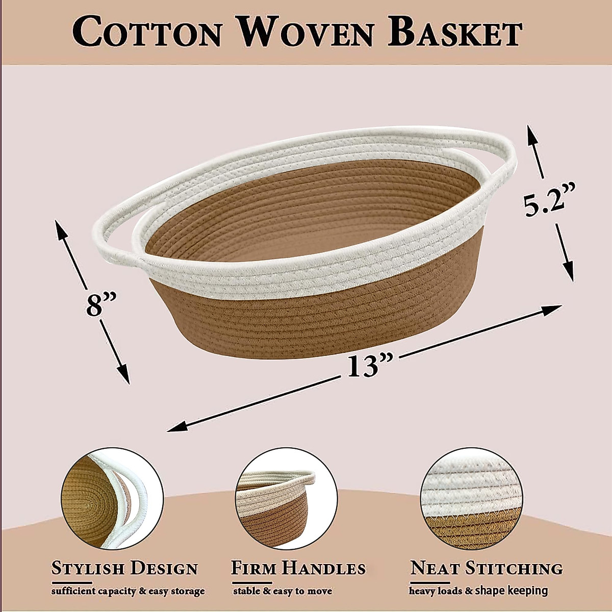 GiftExpress Brown & White Woven Basket - 13" x 8" x 5" Cotton Rope Organizing Baskets for Baby Items or Cat & Dog Toys - Cute Soft Gift Storage Bin w/ Handles