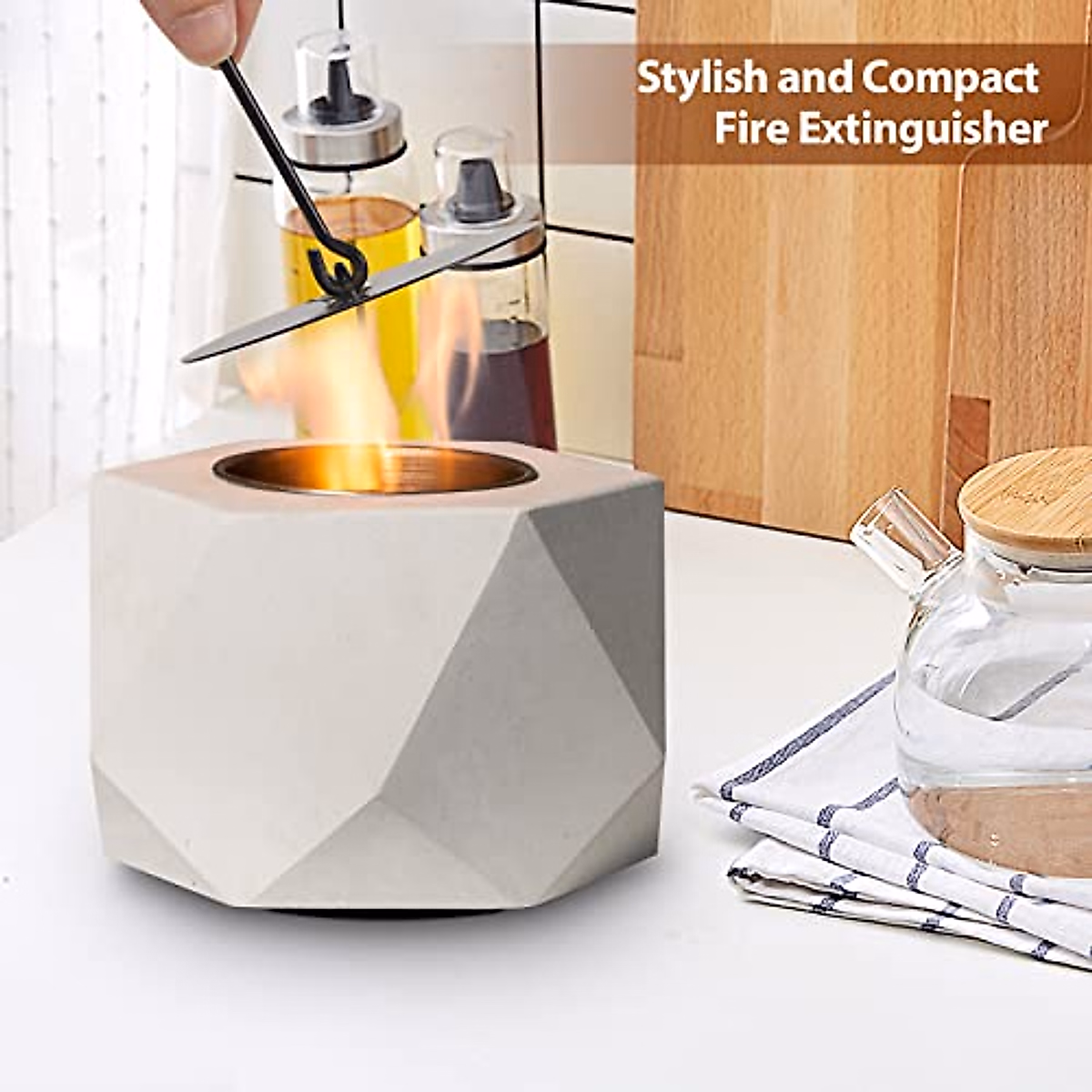 KIZZBY Table Top Fire Pit Bowl - Concrete Tabletop Fireplace Indoor Outdoor Decor Portable Rubbing Alcohol Burner Smores Maker for Patio Balcony with Extinguisher