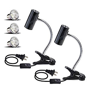 OMAYKEY 2 Pack Reptile Lamp Fixture Holder Clamp with 3-pcs 50W UVA + UVB Full Spectrum Sun Lamp Sunbathe Heat Bulb, Upgraded Lengthened Adjustable Stand & Socket, for Pet Habitat Heat Light Bulbs