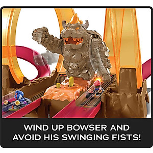 Hot Wheels Mario Kart Bowser’s Castle Chaos Modular Track with Side by Side Racing Lap Flags and Bowser Figure Connects to Other Sets Gift idea for Ages 3 Years and Older