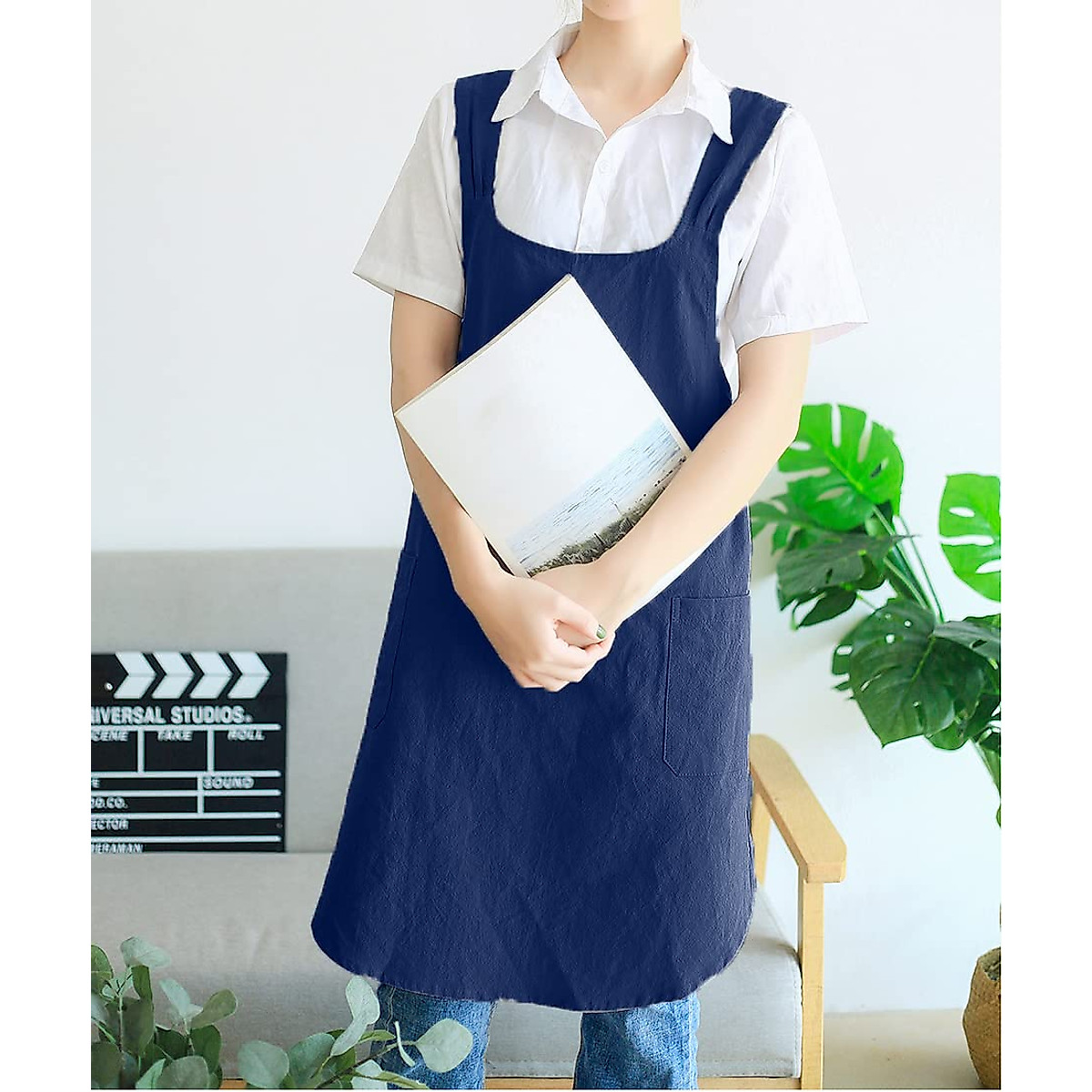 losofar Soft Cotton Linen Apron Cross Back X-Shaped Japanese Style Pinafore Dress for Cooking, Housewarming, Daily Chores (darkblue, (28.3"x 35.4"))