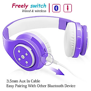 Woice Kids Wireless Bluetooth Headphones Volume Limited 85db/110db Stereo Sound Over-Ear Foldable Children Headphones with Mic SD Card Slot up to 16 Hours Play time for Boys Girls Adults (Purple)