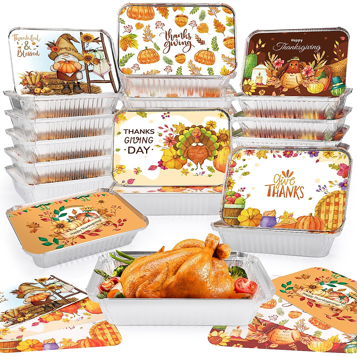 36 Pcs Thanksgiving Foil Containers with Lid Covers, Fall Autumn Harvest Theme Disposable Aluminum Foil, Baking Pan Cake Pan Food Foil Pans for Thanksgiving Party Supplies Fall Leftovers & To-Go Meals