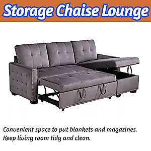 HABITRIO Sectional Sofa with Reversible Storage Lounge Chaise, 77" Modern L-Shape Corner Couch w/Roll-Out Sleeper Bed, Velvet Upholstered Nail Head Trim Seating Furniture for Living Room, Office