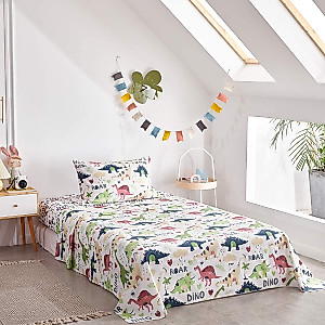 Dinosaur Twin Sheet Set for Kids Boys Teens Cute 3 Pieces White Microfiber Bedding Set with Green Red Yellow Blue Dinosaur Colorful Monster Style