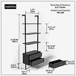 KEVINSPACE 4 Tier Ladder Shelf, Wall Mounted Ladder Bookshelf with 2 Drawers, Modern Bookcase with Industrial Metal Frame, Wooden Storage Display Shelves for Living Room Bedroom Office, Black&Grey
