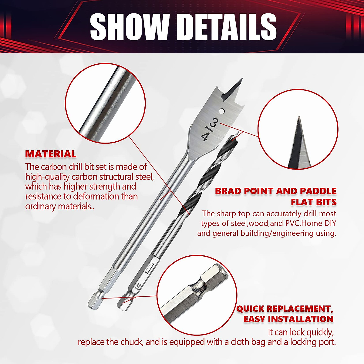wesleydrill Wood Drill Bit Set,16 Pcs Impact Drill Bit Set,8 Pcs Hex shank Brad Point Drill bit 1/8"-3/8" and 8 Pcs Spade Drill bit 1/2"-1-1/8" Fit for Wood,Plastic