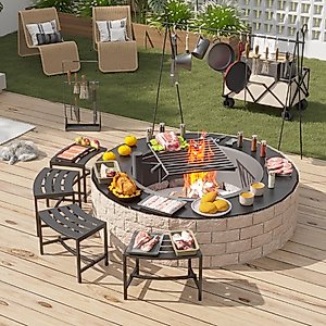 MOUMON Fire Pit Bench Set of 4, Outdoor Metal Curved Backless Porch Bench, Outside Fire Pit Bench, Garden Chair Seat, Plant Stand for Patio Backyard, Black, Type B, 23.9” W x 13.5”D x 15.7”H