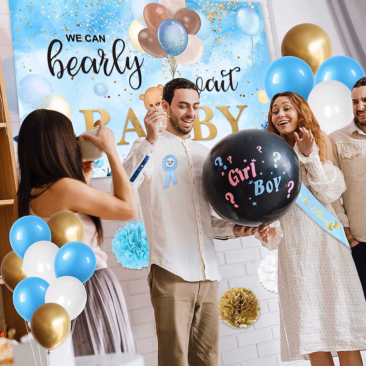 We Can Bearly Wait Baby Shower Decorations,Teddy Bear Baby Shower Decorations for Boy with Backdrop and Plates, Napkins and Cups,Mommy To Be Sash