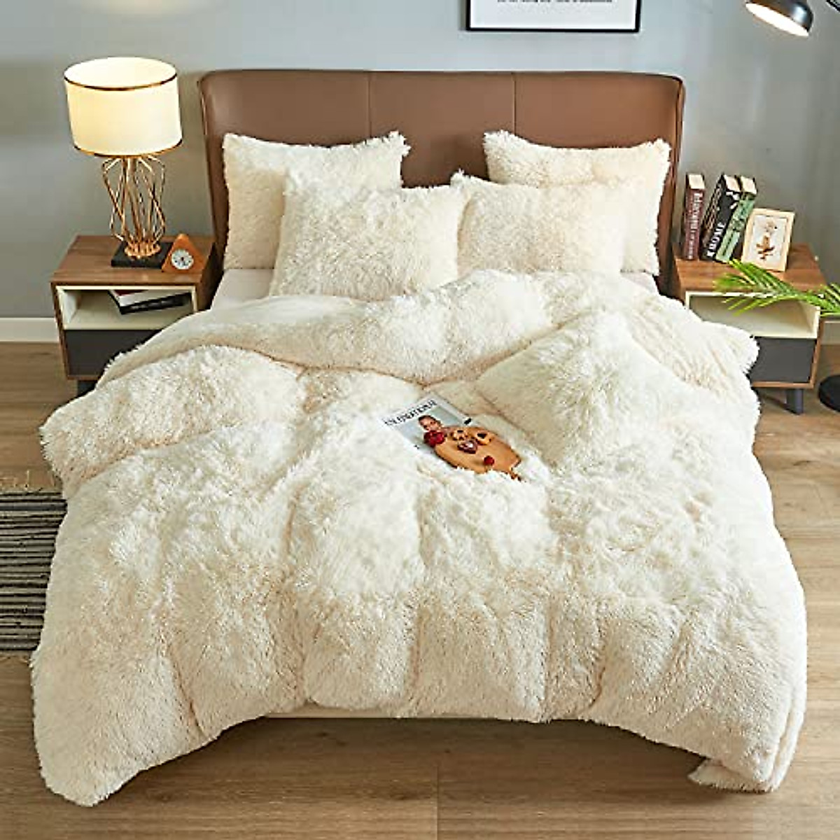 Plush Duvet Cover Set, Luxury Ultra Soft Velvet Duvet Cover Set Fluffy Plush Shaggy Bedding Sets 4 Pieces(1 Duvet Cover + 2 Pillow Case + 1 Pillow Cover) Zipper Closure (Queen, Light Beige)