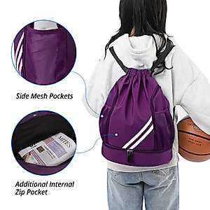 Drawstring Backpack Sports Gym Bag with Shoes Compartment, Waterproof Draw String Back Bag for Men Women (Purple)