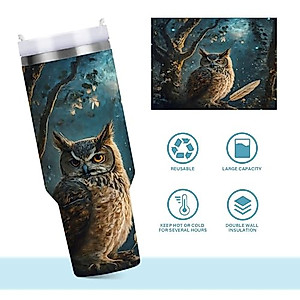 Maunzc 30 oz Tumbler with Handle and Straw, Insulated Stainless Steel Travel Mug with Lid for Coffee, Iced Tea, Water, Gift for Men Women (Owl Quill Night)