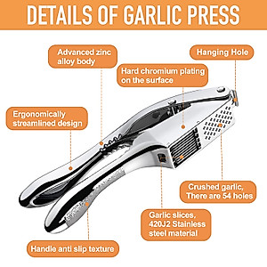 Garlic press and slicer 2 in 1,Effortlessly Crush, Slice, and Mince Garlic,with this Versatile Kitchen Tool - Perfect for Home Cooks and Professional Chefs Alike. (Silvery)