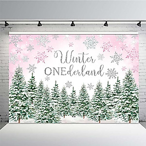 MEHOFOND 7x5ft Winter Onederland Backdrop for Girls First Birthday Pink Silver Glitter Snowflake Photography Background Pine Trees Happy 1st Birthday Party Banner Decorations Photo Booth Props