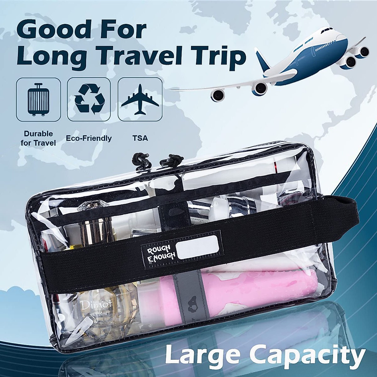 Rough Enough Clear Toiletry Bag Travel Makeup Cosmetic Bags Organizer Case for Toiletries with Zipper Pockets and Handle