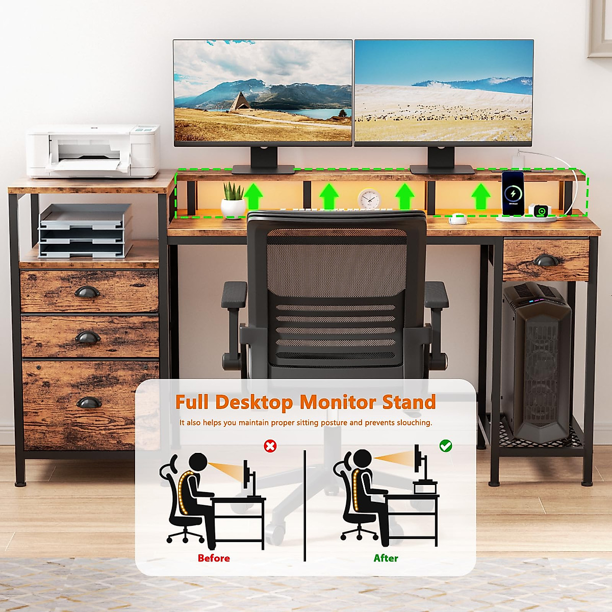 Furologee Computer Desk with 4 Drawers, 60" Office Long Desk with Fabric File Cabinet and Power Outlets, Gaming Desk with LED Lights, Study Writing Work Desk for Home Office, Rustic Brown
