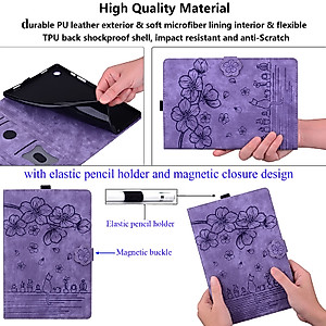 UUcovers for iPad 10th Generation 10.9 inch Case 2022 with Stand/Pencil Holder/Pocket/Magnetic Smart Embossed Flower PU Leather Folio Cover,Auto Wake/Sleep & Multiple Angles,Cherry Blossom Purple Cat