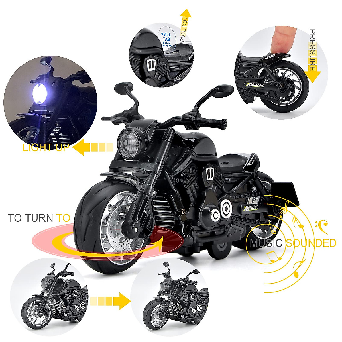 CYYSFIVQZ Toy Motorcycle,Pull Back Motorcycle Toy with Sounds and Lights,1:12 Alloy Motorcycle Model for Boys,Pull Back Motorcycle Toys Gift for Boy Girl (Black)