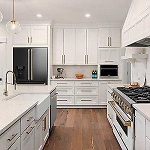 ZLINE 36" Autograph Edition Freestanding French Door Refrigerator with Water and Ice Dispenser in Fingerprint Resistant Black Stainless Steel with Champagne Bronze Handles (RFMZ-W-36-BS-CB)