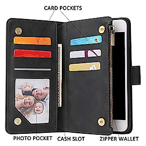 UEEBAI Wallet Case for iPhone SE 2022 5G/iPhone 7/iPhone 8/iPhone SE 2020, Premium PU Leather Magnetic Handbag Zipper Pocket Card Slots with Wrist Strap Flip Case for iPhone SE3/SE2 - Black