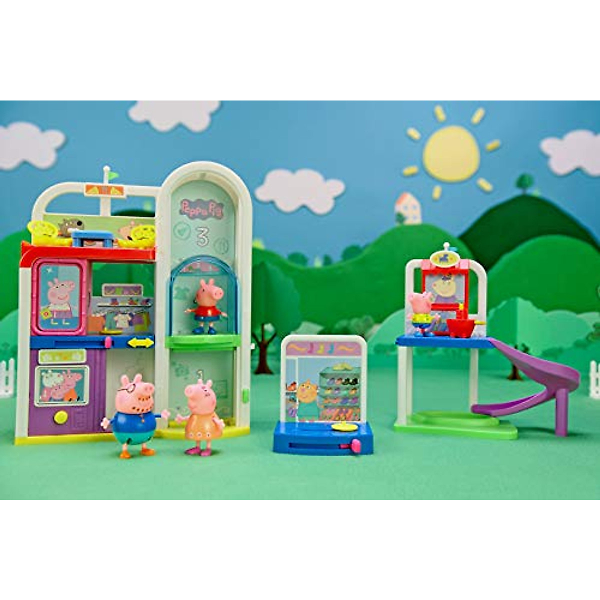 Peppa Pig Shopping Mall with Family, Includes 1 Connectable Mall Playset, 4 Character Toy Figures, 2 Chairs, 1 Pizza Table, 1 Toy Boat – for Kids - AMAZON EXCLUSIVE