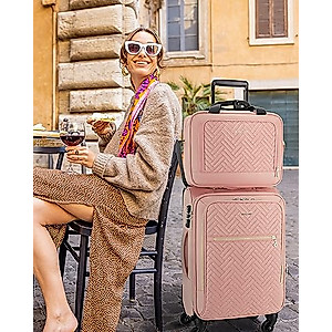 BAGSMART Carry On Luggage 20 Inch, Expandable Suitcase, 2 Piece Luggage Sets Luggage Airline Approved Rolling Softside Lightweight Suitcases with Front Pocket for Women Men, Carry-On Pink