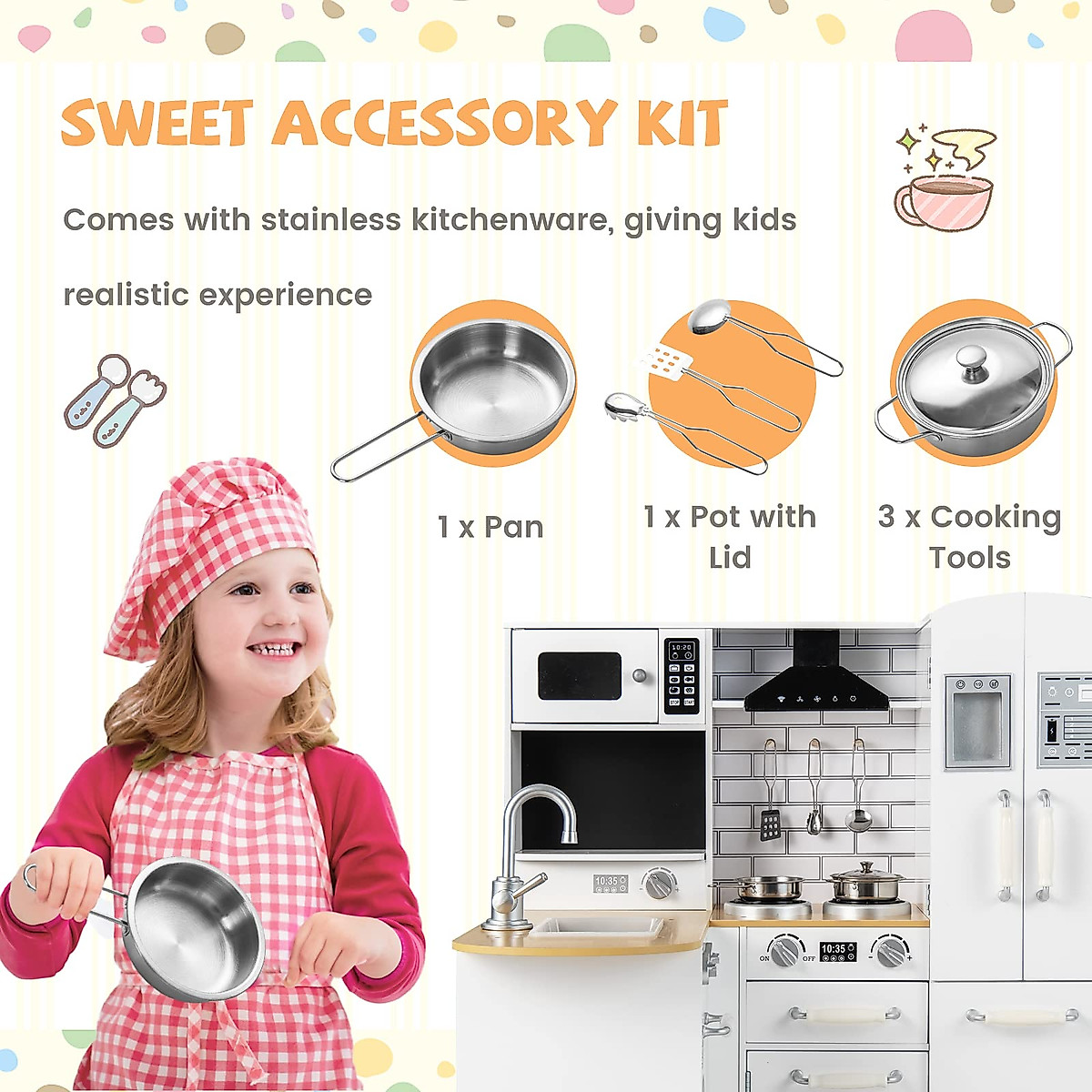 HONEY JOY Corner Kids Kitchen Playset, Little Chef Wooden Play Kitchen for Toddlers, Microwave, Refrigerator, Water Dispenser, Range Hood, Cookware, Pretend Play Toy Kitchen Set w/Lights and Sounds