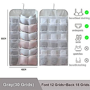 2 PCS Bra Hanging Bag, Cloth Dual Sided Wall Shelf Wardrobe Space Saver Bag for Underwear Bra Socks Storage Hanging Bags,with Mesh Pockets & Rotating Metal Hanger, Pink(5+10 Grids)&Gray(12+18 Grids)